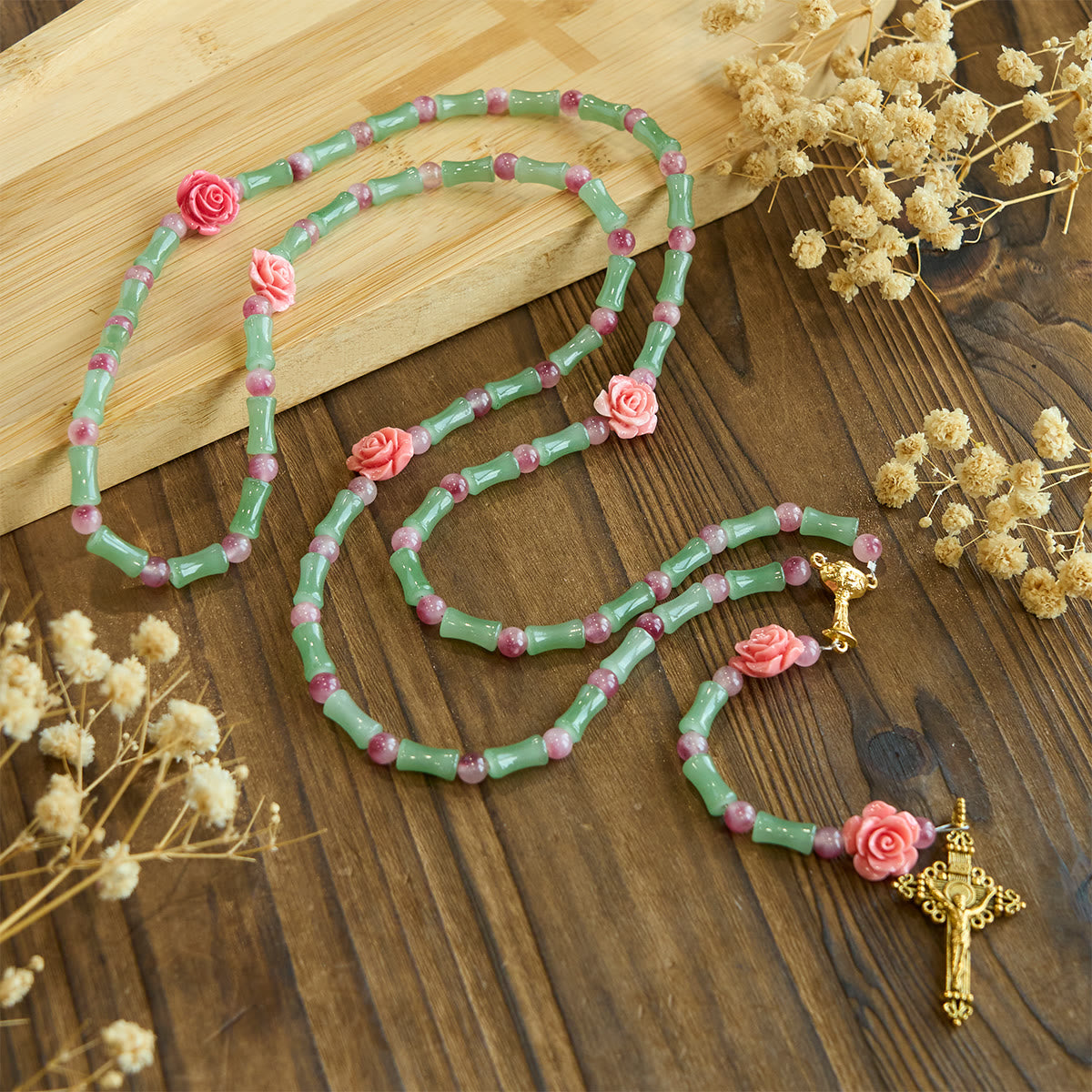 Peaceful Bamboo and Pink Floral Rosary with Crucifix & Holy Chalice ...